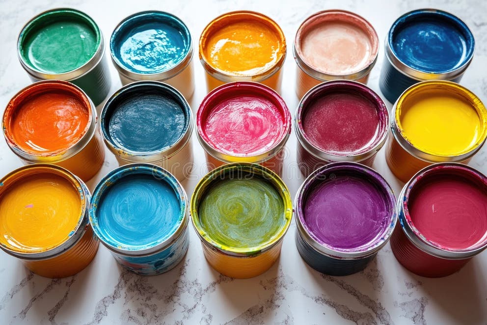 A Collection of Paint Cans Stacked on a Table, Ready for Use Stock ...