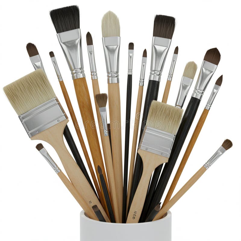 A Collection of Paintbrushes is Arranged in a White Cylindrical ...