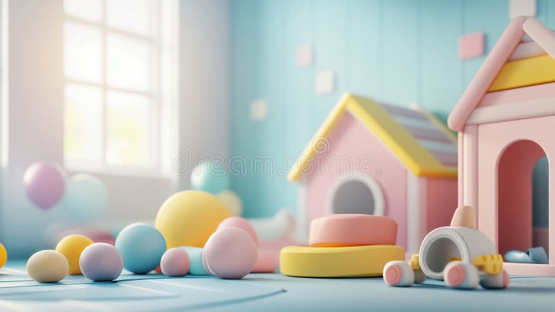 Colorful Children Toys and Pastel Playhouses in Sunny Indoor Playroom ...