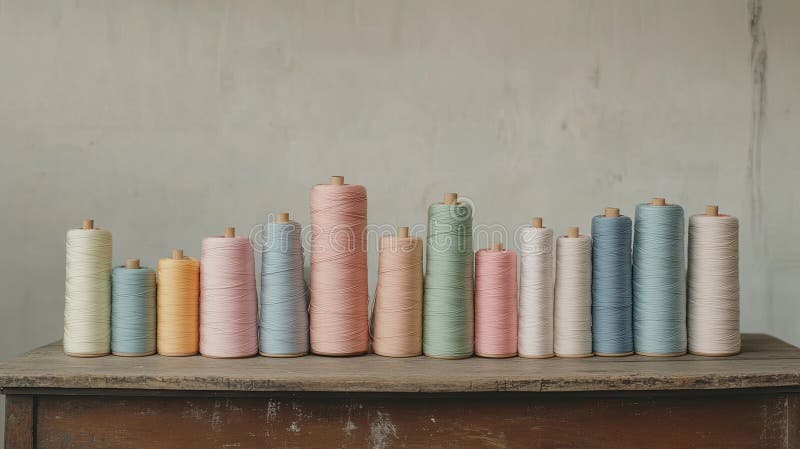 Collection of Pastel-colored Spools of Thread on a Wooden Table ...