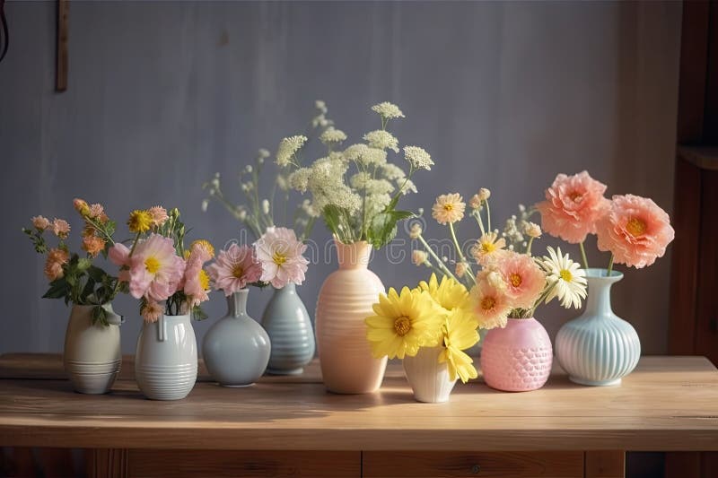 Collection of Pastel Flowers in Vase on Wooden Table Stock Illustration ...
