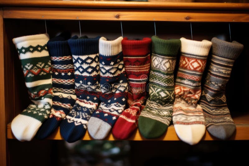 Collection of Patterned Woolen Christmas Socks on Display Stock Photo ...