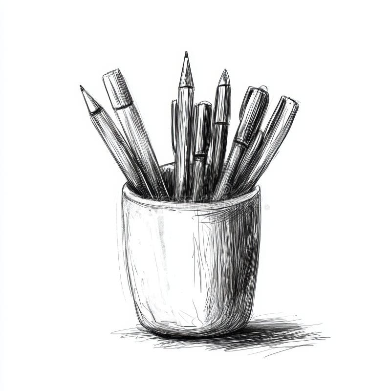 Collection of Pens and Pencils in a Cup Stock Illustration ...