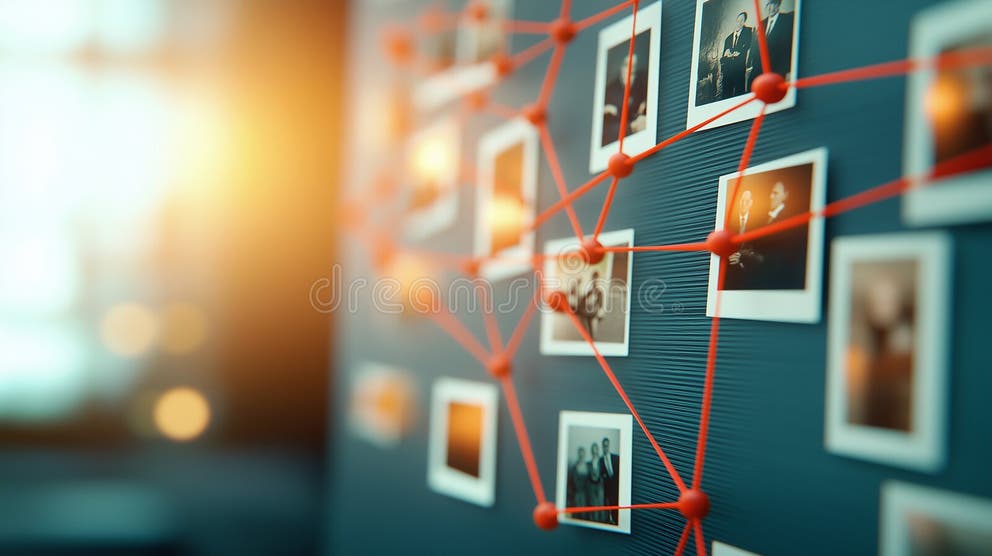 Collection of Photographs Connected by Red Strings on Wall Creating ...