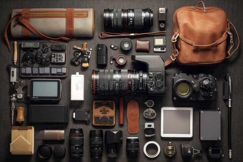 Collection of Photography Tools on a White Background Organized Stock ...