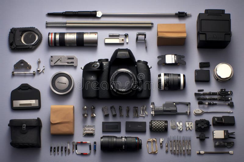 Collection of Photography Tools on a White Background Organized Stock ...