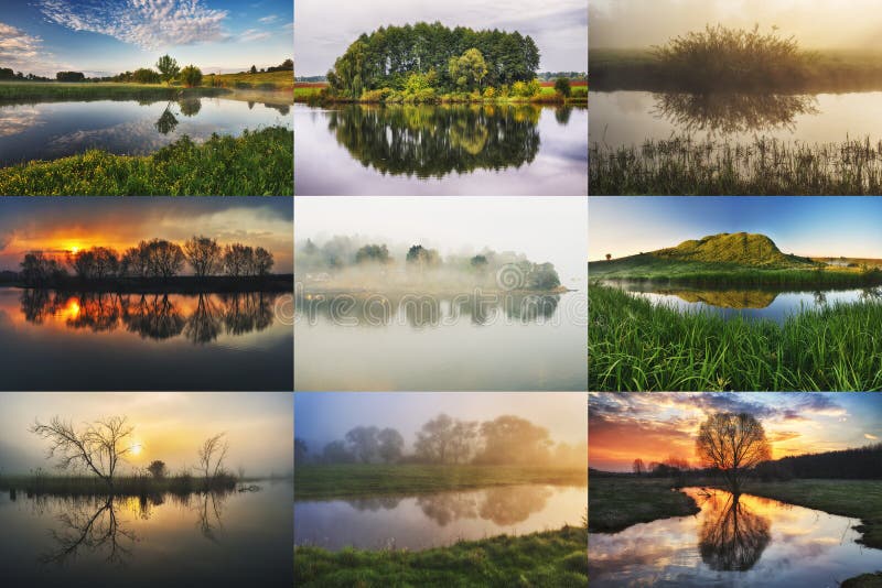 Collection of Photos of Rivers with a Reflection of the Coast. Set ...