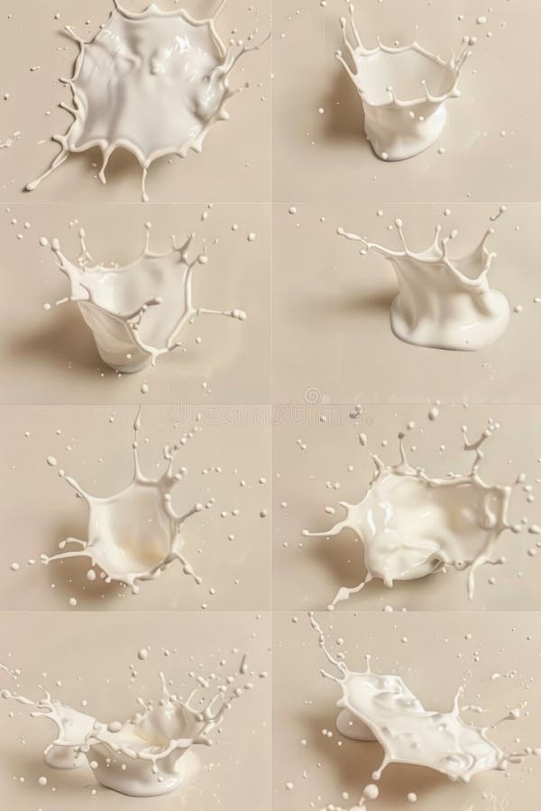 A Collection of Photos Showing the Splashing Effect of Milk Stock ...