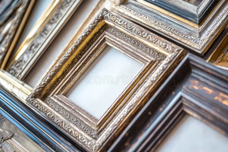 A Collection of Picture Frames Stacked on a Wall Stock Photo - Image of ...