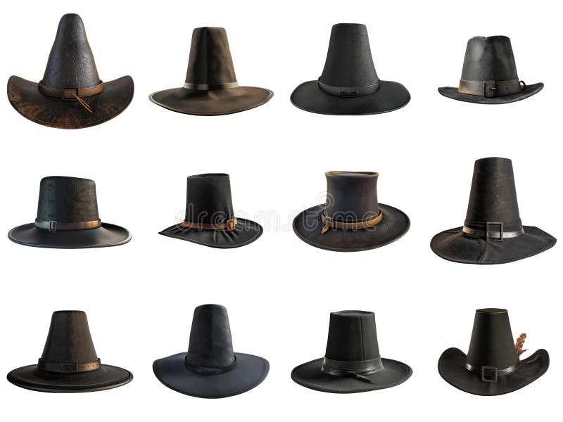 Collection of 12 Pilgrim Hats with Different Styles and Details Stock ...