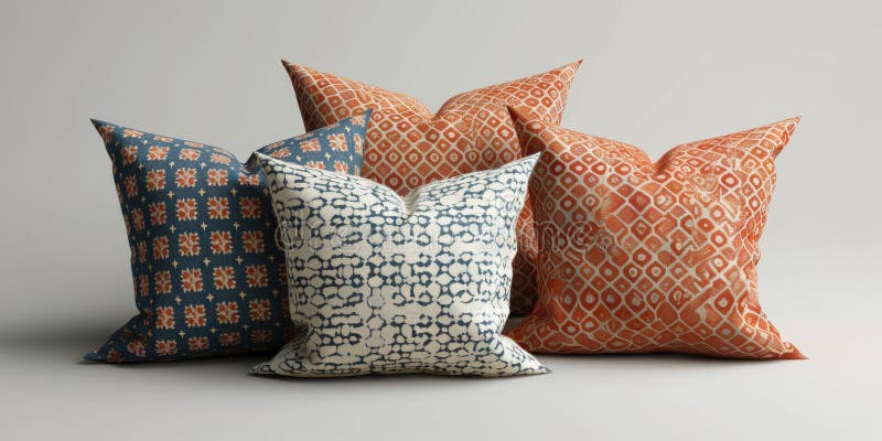 A Collection of Pillows with Different Patterns and Colors Stock Photo ...