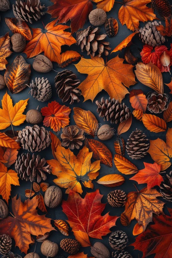A Collection of Pine Cones and Leaves Arranged on a Table Stock Image ...