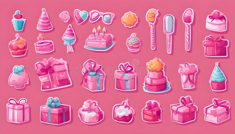 Collection of Pink Birthday Party Objects in a Gift Box Stock ...