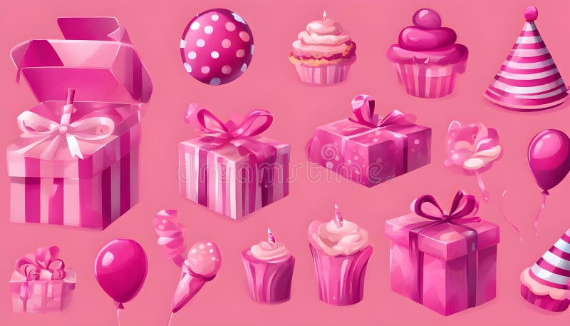 Collection of Pink Birthday Party Objects in a Gift Box Stock ...