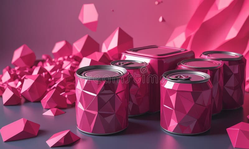 Collection Pink Geometric Cans and Rocks, Arranged on Dark Surface ...