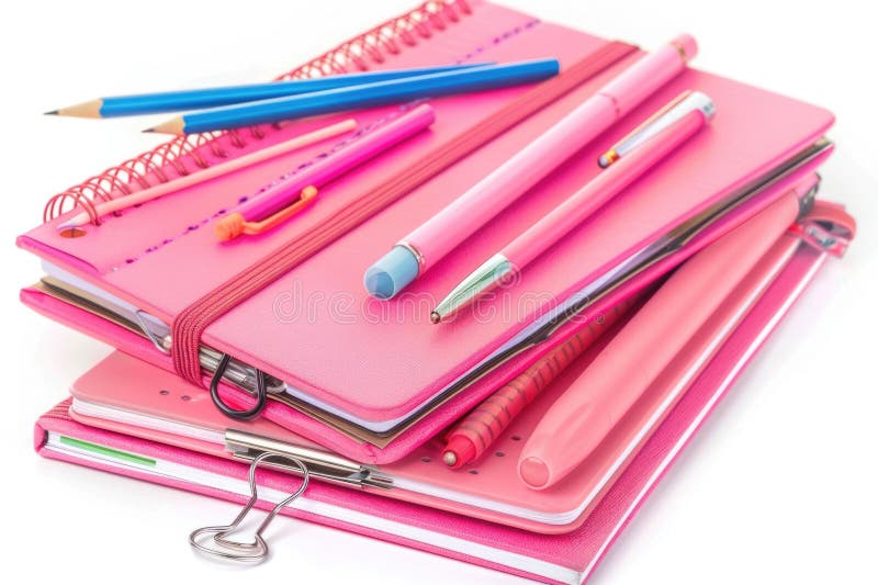 A Collection of Pink Notebooks and Pencils on a White Surface Stock ...
