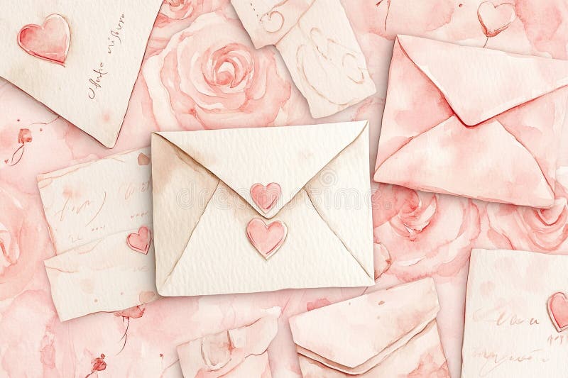 A Collection of Pink Postcards with Hearts and Roses Stock Illustration ...