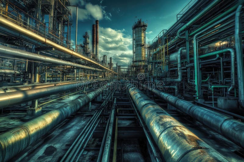 A Large Collection of Pipes is Running through a Factory Space Stock ...