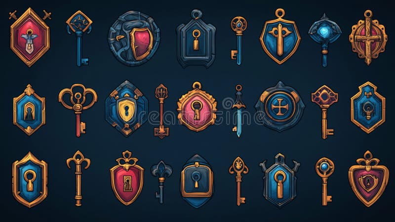 Collection of Pixel Art Keys Shields and Locks in Retro Vintage Style ...