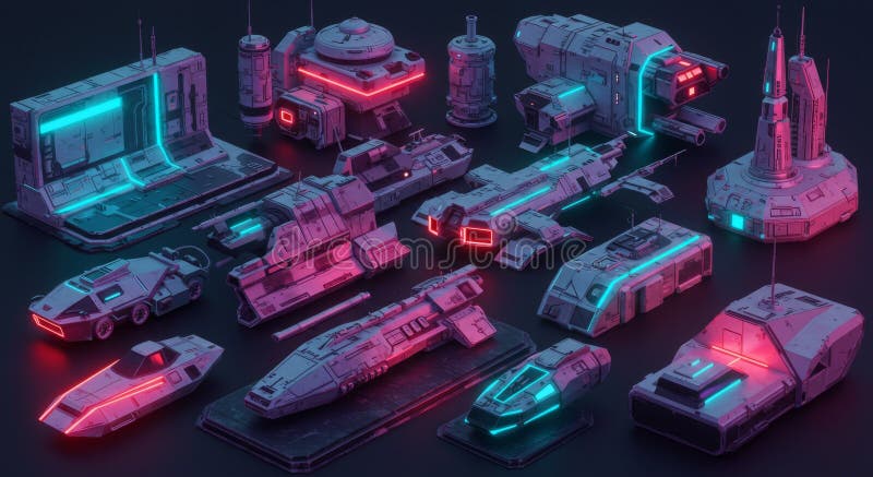 Collection of Pixel Art Spaceships with Neon Lights Stock Illustration ...