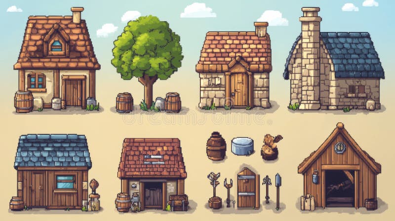 Collection of Pixel Art Style Buildings with Simple Shapes and Rustic ...