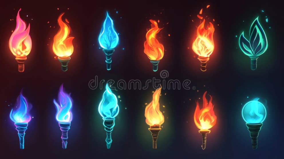 Collection of Pixel Art Torches with Various Flame Colors and Unique ...