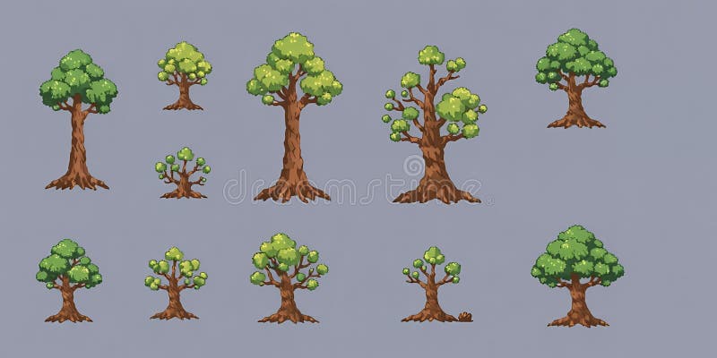 Collection of Pixel Art Trees in Various Sizes and Shapes Against a ...