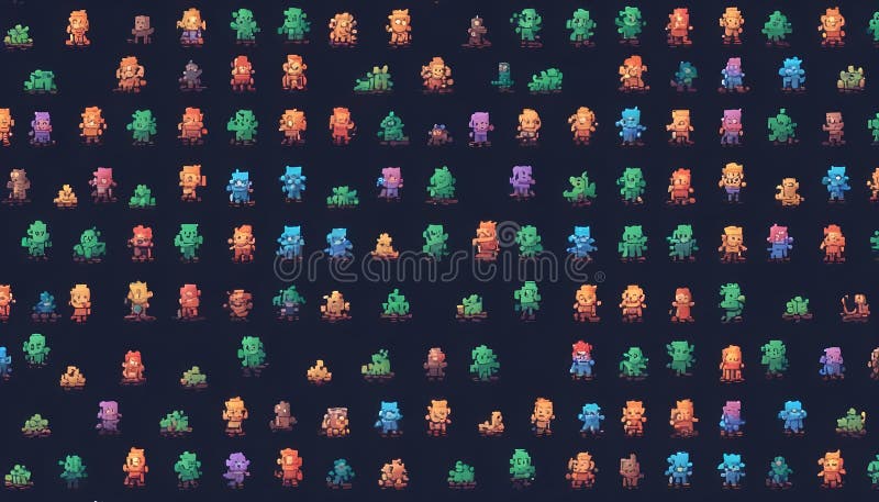A Collection of Pixelated Creatures and Plants on a Dark Background, a ...