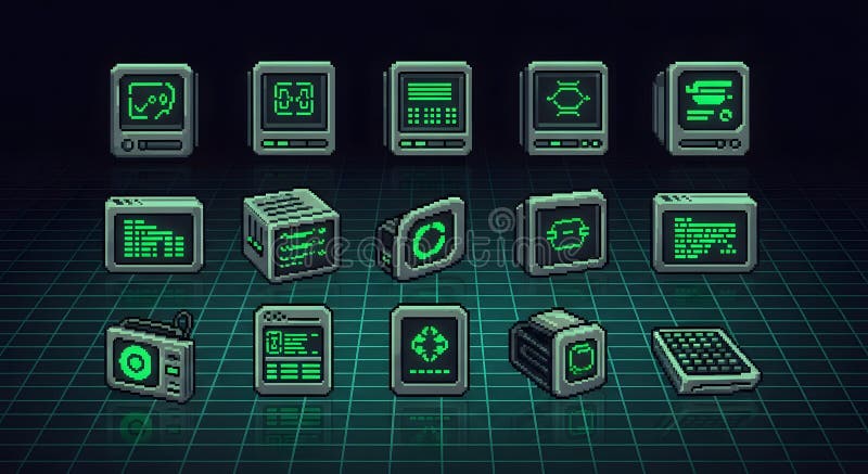 Retro Pixelated Computer Icons in Green on Dark Grid Background Stock ...