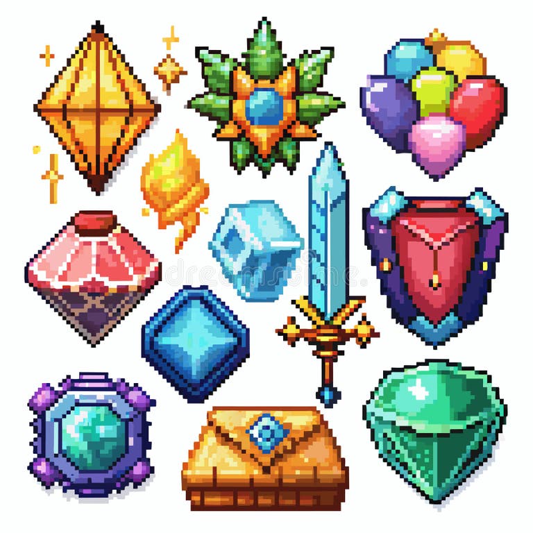 A Collection of Pixelated Objects, Including a Heart, a Key, a Sword ...