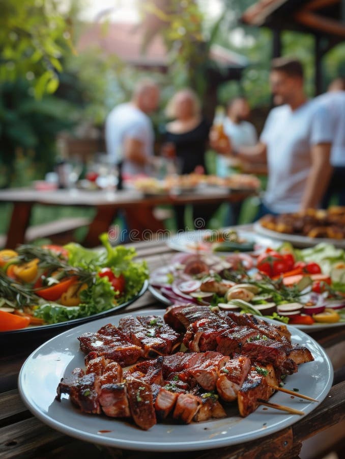 A Collection of Plates with Various Foods on a Picnic Table Stock Image ...