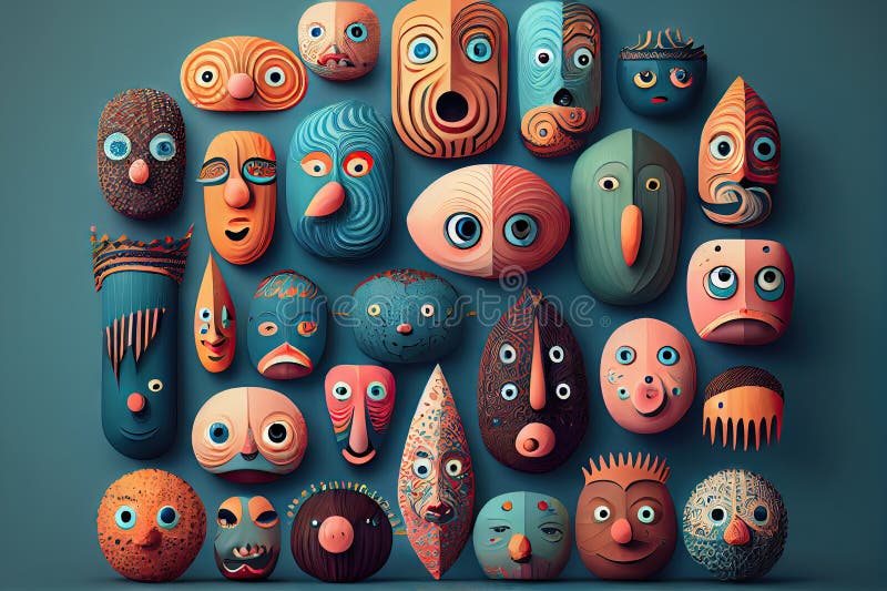 Collection of Playful, Whimsical Faces with Exaggerated Features and ...