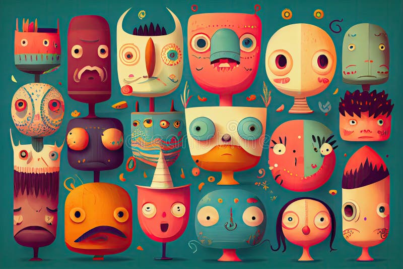Collection of Playful, Whimsical Faces with Exaggerated Features and ...