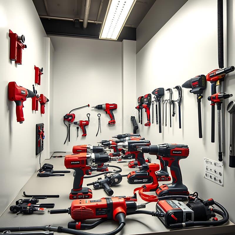 A Collection of Pneumatic Tools Displayed in a High Tech Clean Workshop ...