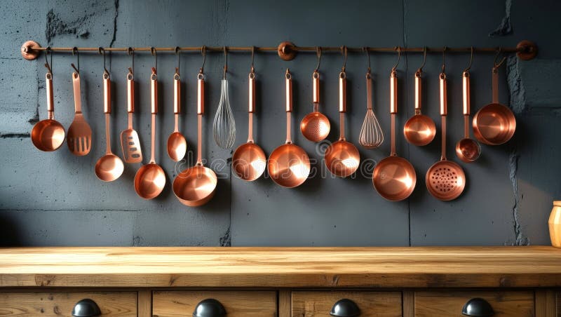 A Collection of Polished Copper Kitchen Utensils Hangs Neatly on a ...