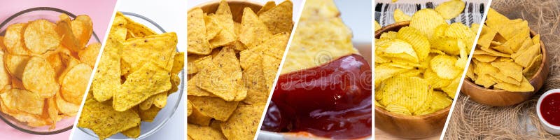 Collection of Potato Chips Close Up, Banner Collage. Junk Food ...
