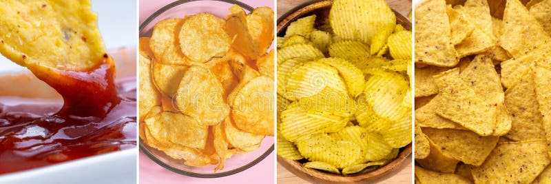 Collection of Potato Chips Close Up, Banner Collage. Junk Food ...