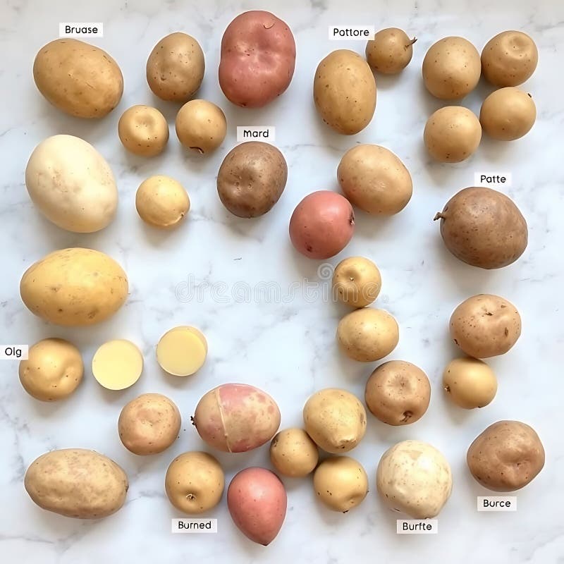 A Collection of Potato Varieties on a Marble Countertop Each Labeled ...