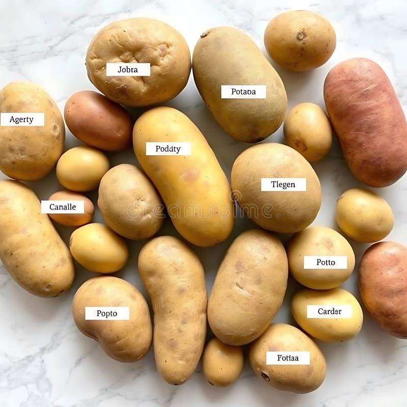 A Collection of Potato Varieties on a Marble Countertop Each Labeled ...
