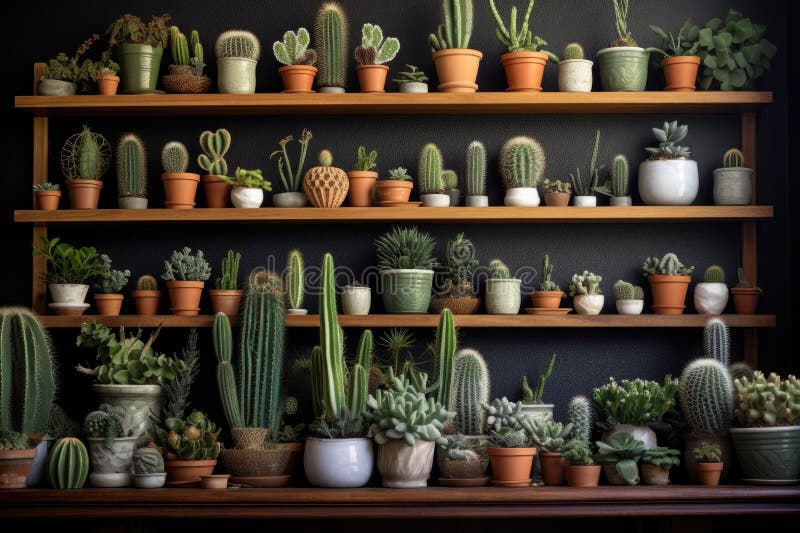 Collection of Potted Cactus Species on a Shelf Stock Illustration ...