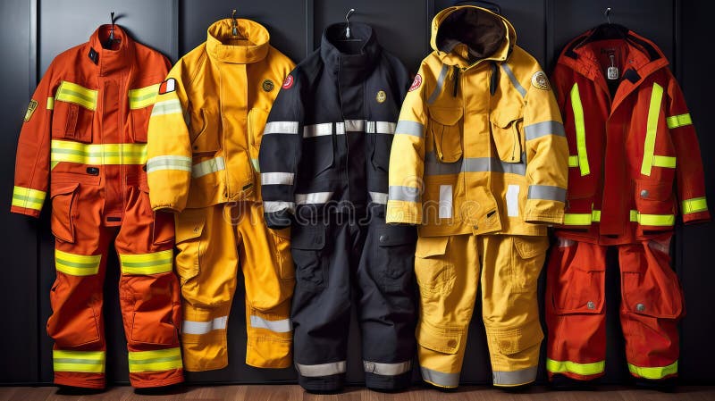 Collection of Professional Firefighter Uniforms on Display Against Dark ...