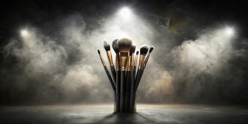 A Collection of Professional Makeup Brushes in a Dark Studio Setting ...