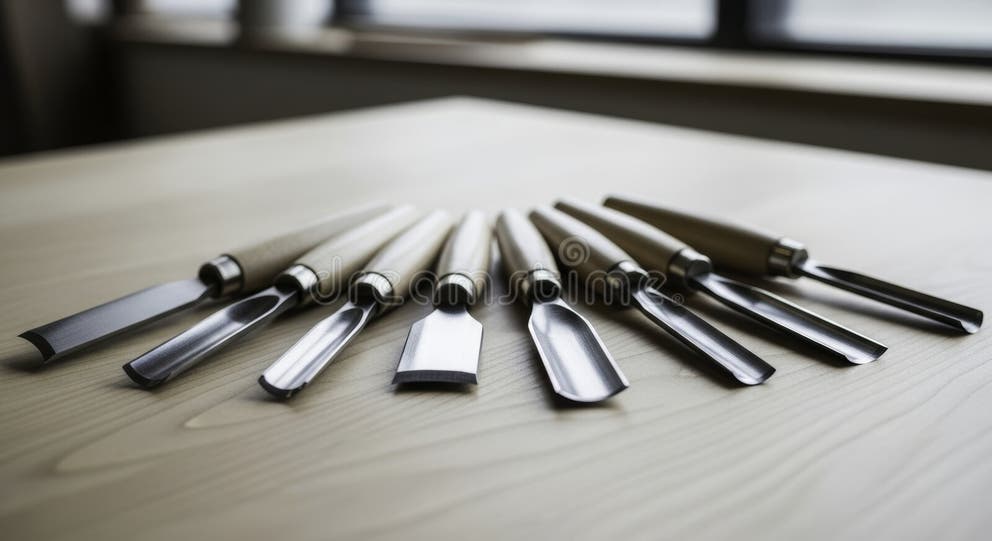 Collection of Professional Wood Carving Tools, Chisels, and Gouges on a ...