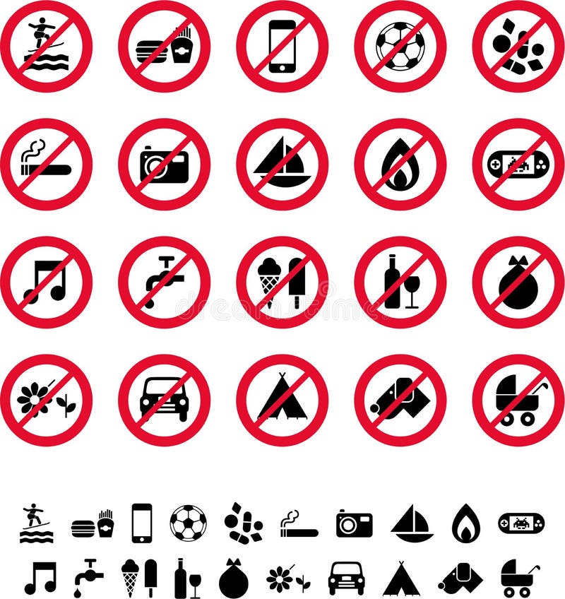 Set of Safety Signs, Prohibition Icons for Buildings Applications. ISO ...