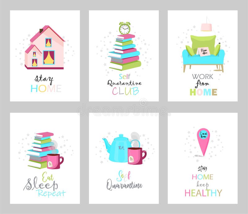A Collection of Quarantine and Self-isolation Postcards. Vector Cute ...