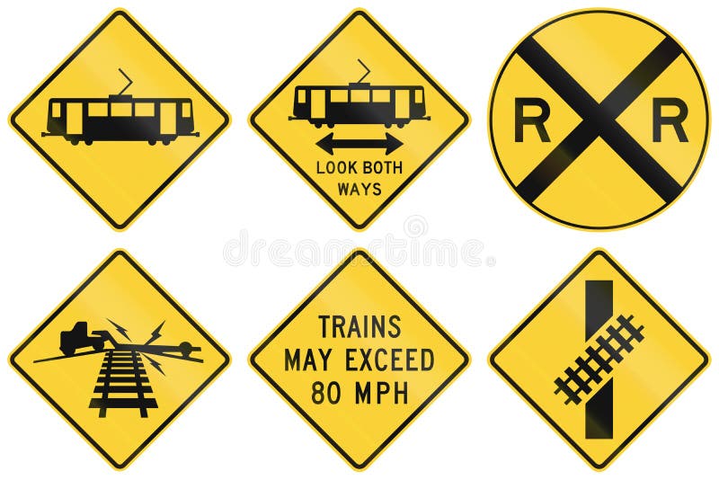 Collection Of Railway Warning Signs Used In The USA Stock Illustration ...