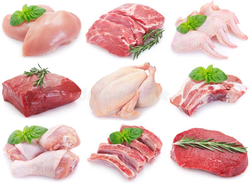 Collection of Raw Meat on White Background Stock Image - Image of bird ...