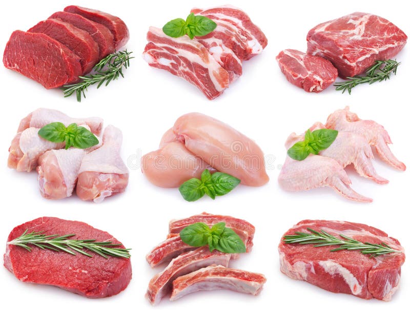 Collection of Raw Meat on White Background Stock Photo - Image of ...