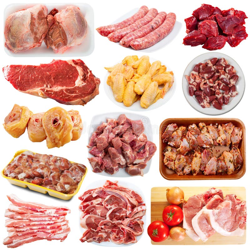 Collection of Raw Meat Products Isolated on White Stock Photo - Image ...