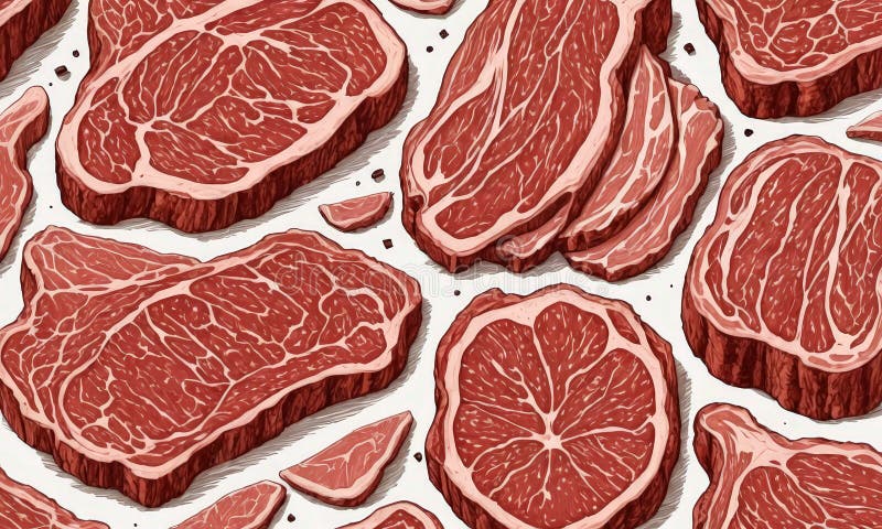 Collection Raw, Sliced Beef Steaks Arranged in Grid-like Pattern, with ...